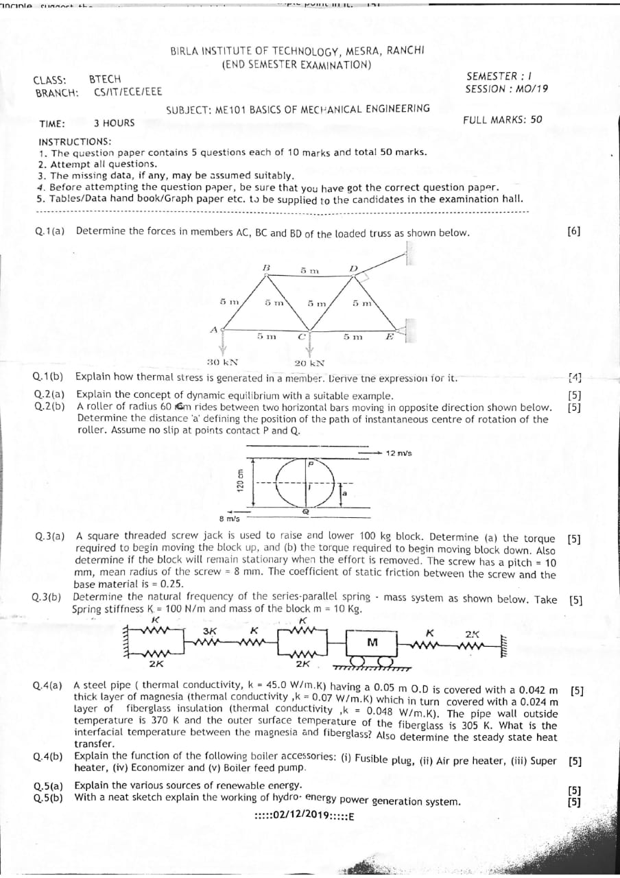 ME101 Basics of Mechanical Engineering bit mesra 1st year mid sem end ...