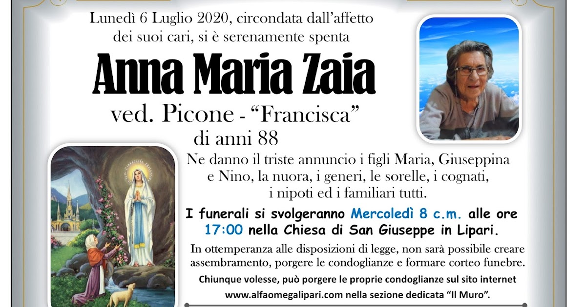 Eolie news: E' deceduta Anna Maria Zaia ved. Picone "Francisca".