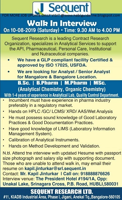 NABL GUIDELINES: Sequent Research Ltd-Walk-In Interviews for B.Sc, B.Pharm, M.Sc, M.Pharm On ...