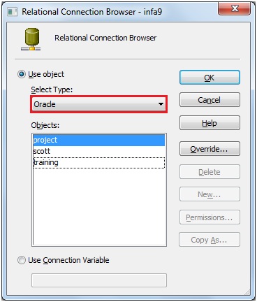 Select Object Type: Oracle (database type) Objects: project (Connection ...