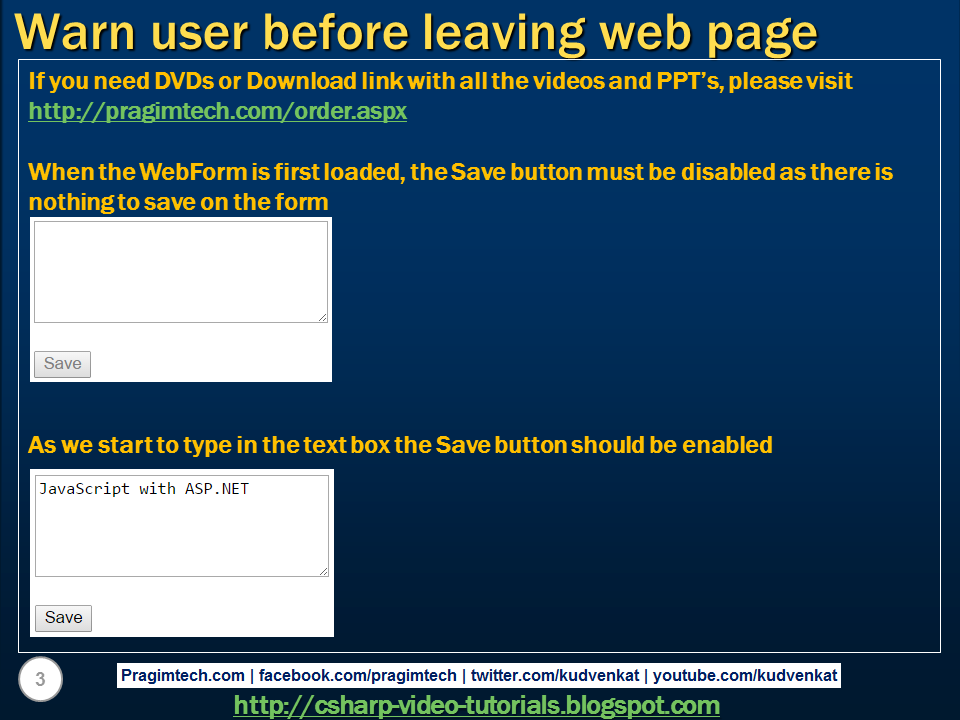 Sql server, .net and c# video tutorial: Warn user before leaving web ...