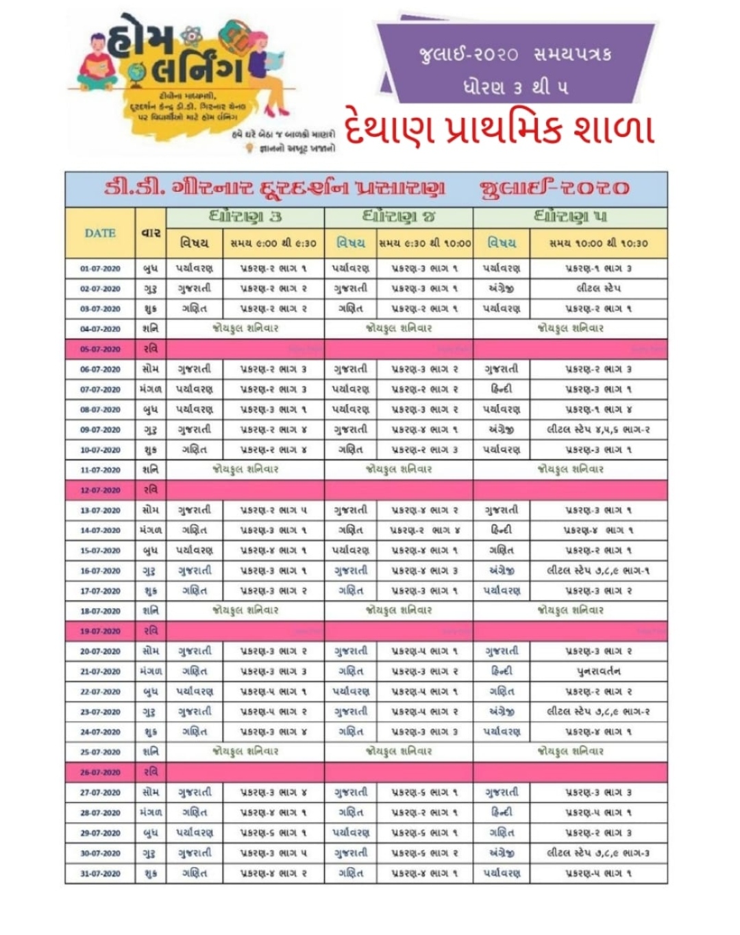 HOME LEARNING STD 3 TO 12 ALL VIDEO DD GIRNAR AND TIME TABLE DAILY ALL ...