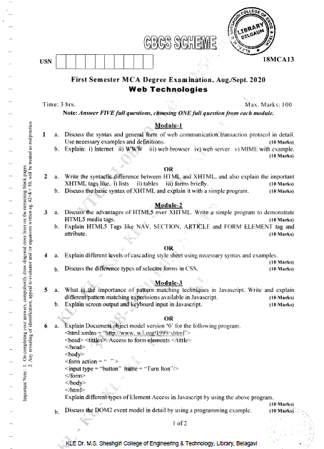 Visvesvaraya Technological University Mcacbcs First Semester 18mcai3 Web Technologies Aug