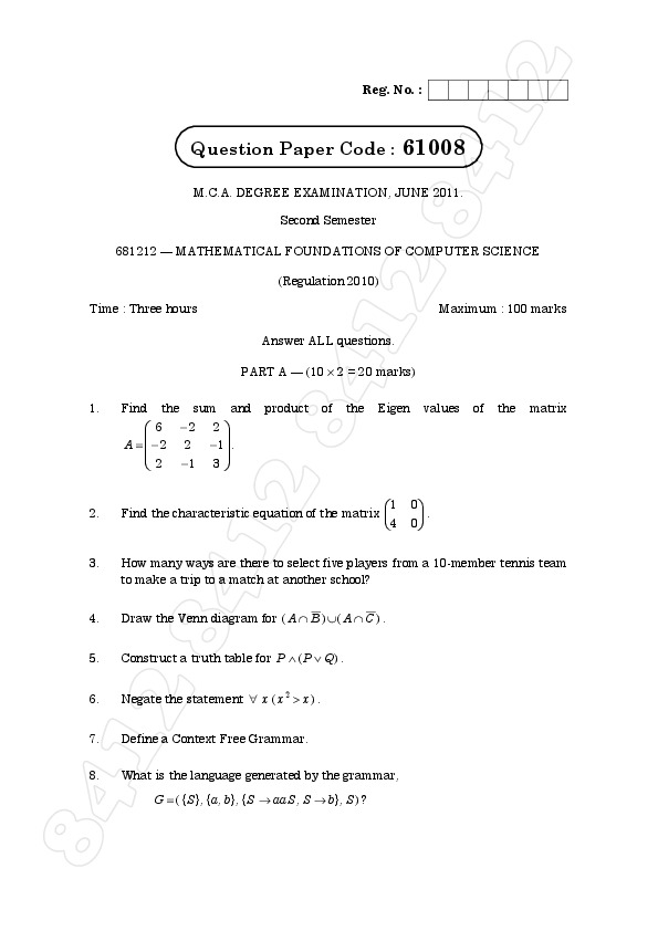 questionbank2u: 681212 mathematical foundations of computer science M.C ...