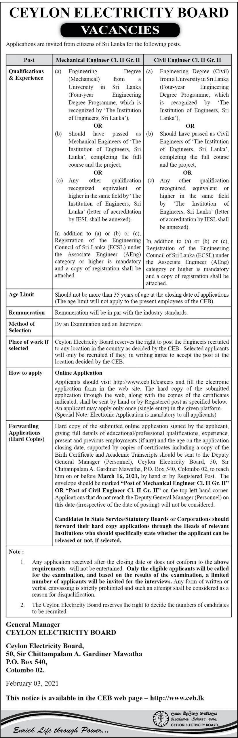 Mechanical Engineer, Civil Engineer – Ceylon Electricity Board - Job Vacancies Sri Lanka