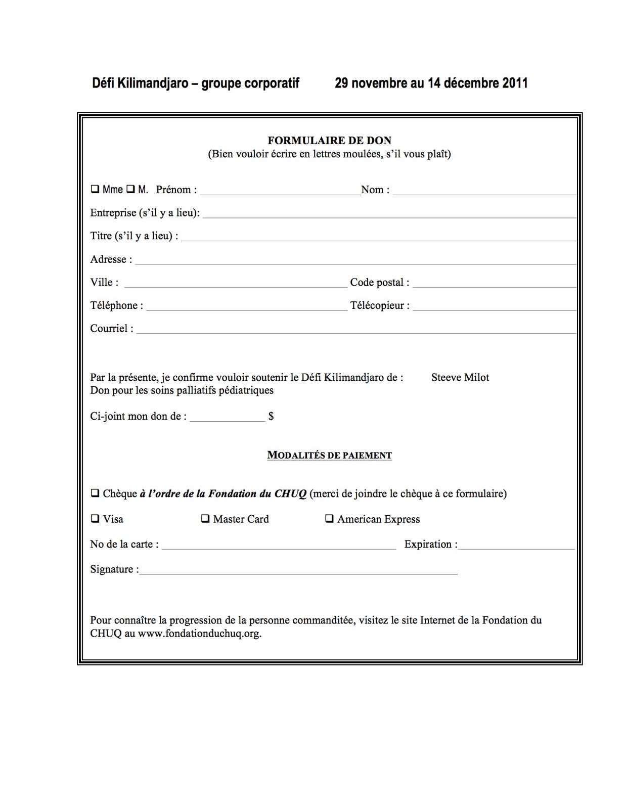 Au Sommet avec Steeve: Formulaires de commandites pour le Kilimandjaro