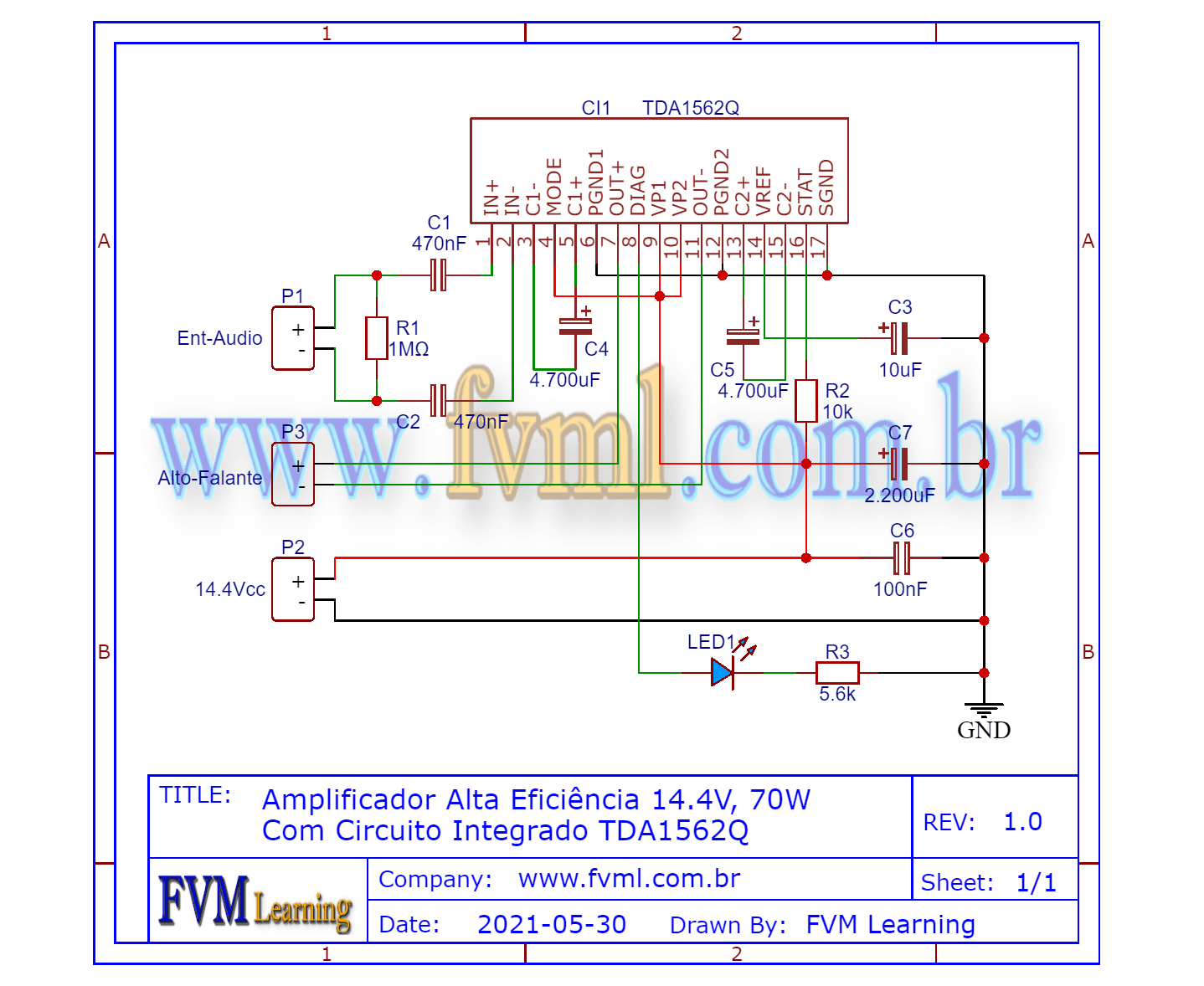 Amplificador Alta Eficiência 14.4V, 70W com CI TDA1562Q + PCI - FVML