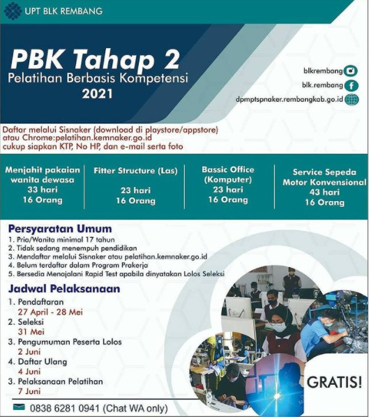 Pendaftaran Pelatihan Kerja Gratis Berbasis Kompetensi Tahap 2 BLK Rembang Tahun 2021 - Peluang ...