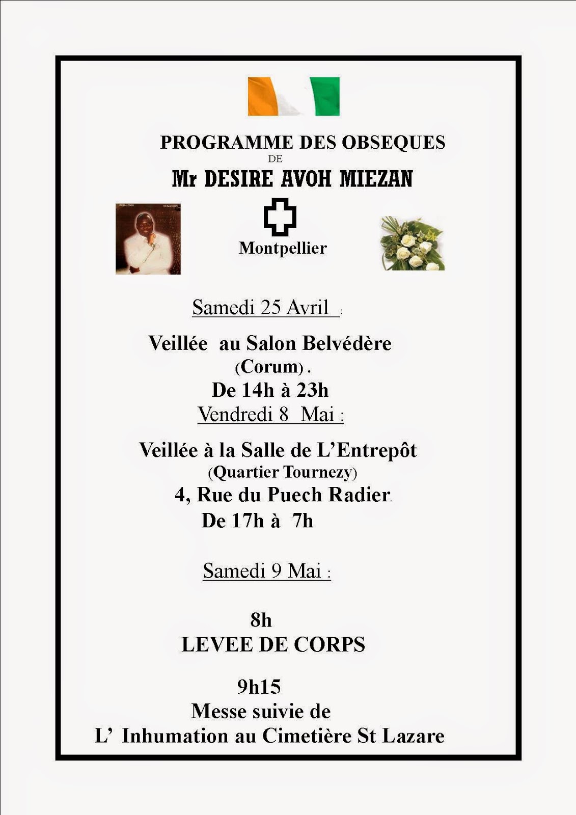 DIASPORA IVOIRIENNE MONTPELLIER: Le Programme des Obsèques de notre ...