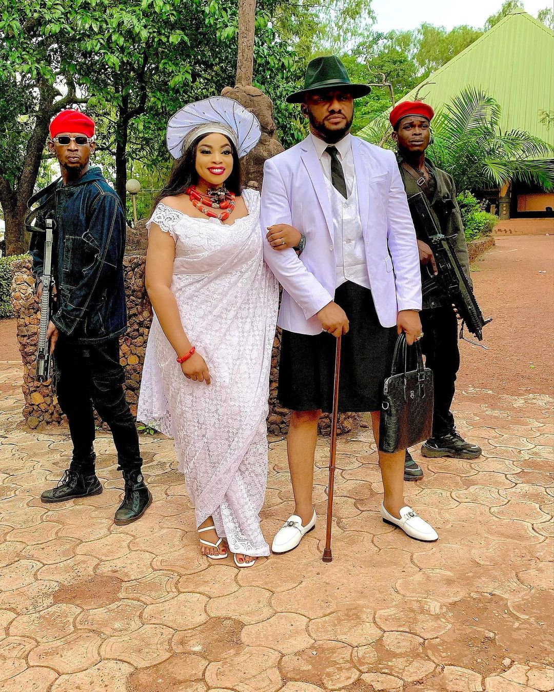 Photo of Georgina Ibeh and Yul Edochie as a couple on set