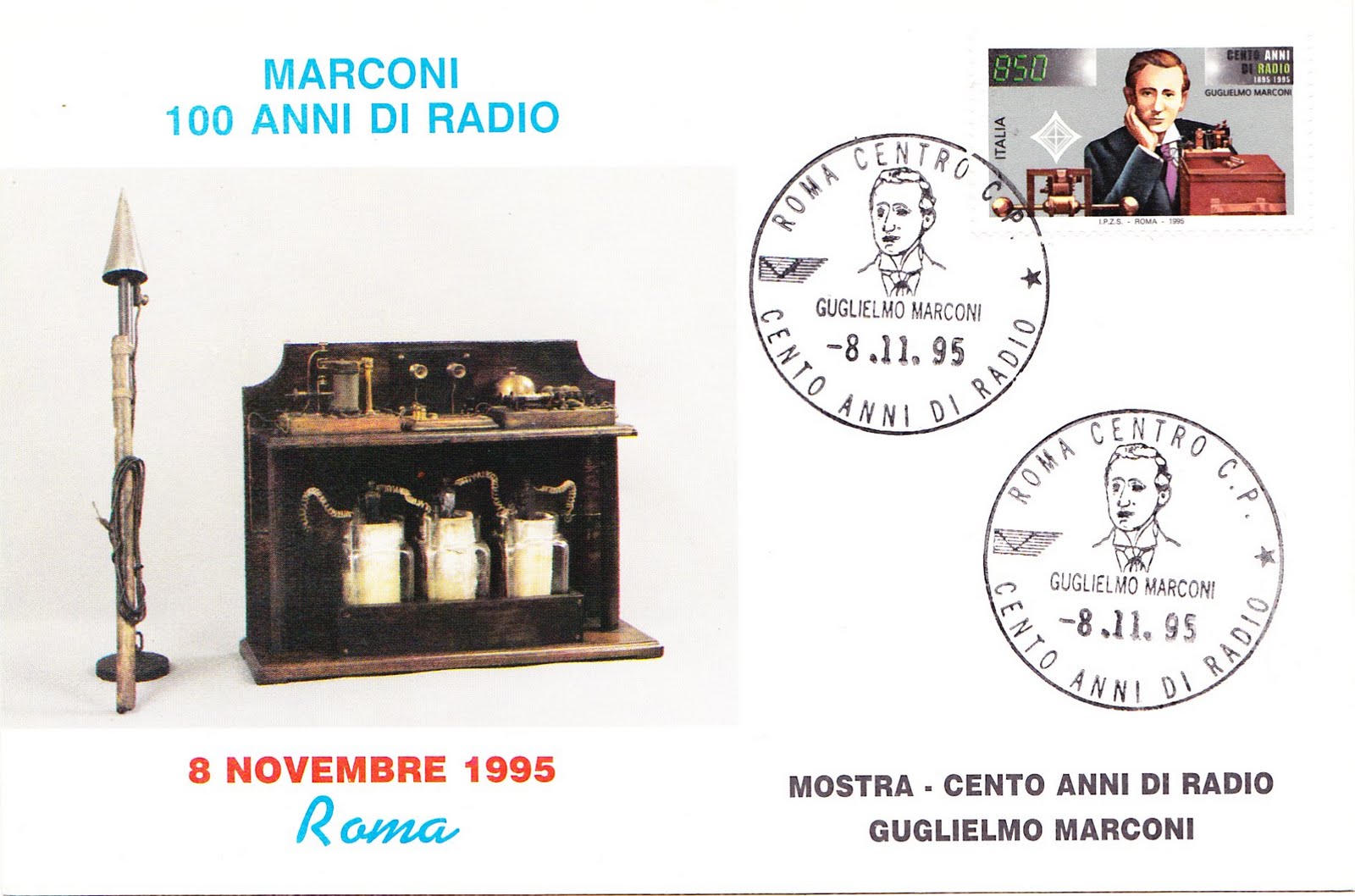 Guglielmo Marconi - Stamps: Roma - 8-11-1995 - 100 anni di radio