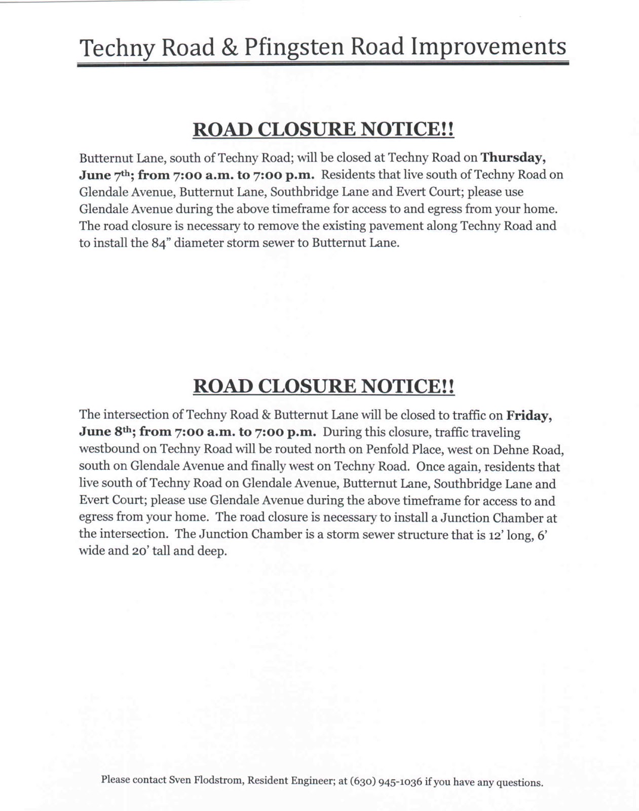 Techny Road & Pfingsten Road Improvements: Road Closure Notice!!