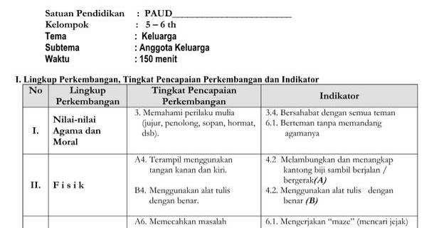 RKH PAUD 5-6 Tahun Tema Keluarga Kurikulum 2013 - Administrasi PAUD