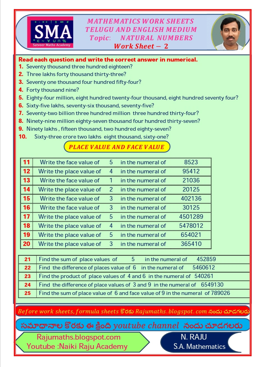 Maths Work Sheet 2 Place Value And Face Value Maths Work Sheet 2 Place Value And Face Value