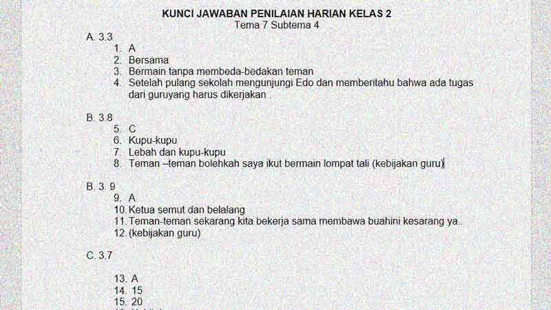 Soal Penilaian Harian Kelas 2 Tema 7 Subtema 4 dan Kunci Jawaban - SekolahDasar.Net
