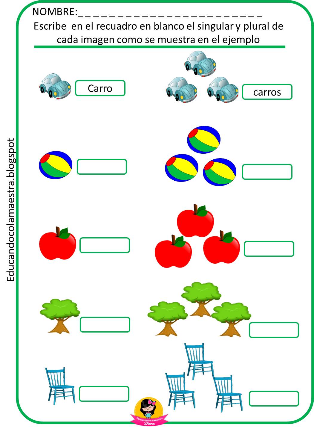 Educando con la Maestra: Singular y plural/ Fichas de actividades
