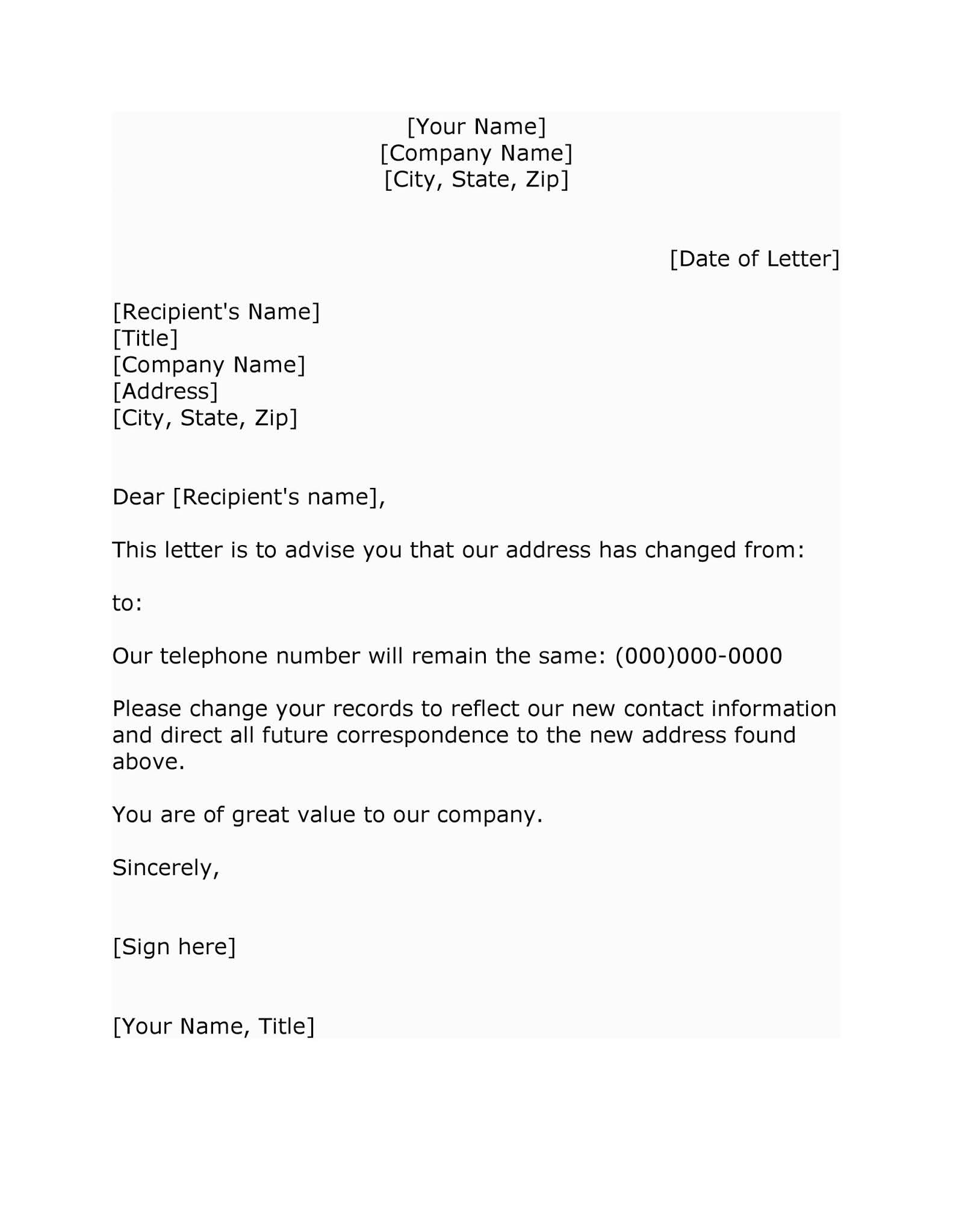 Address Change Announcement Template ~ Certificate Letter