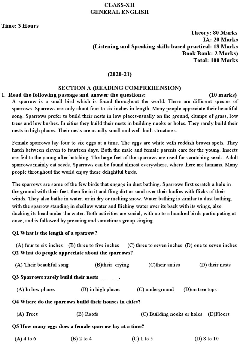 Model Test Paper Plus Two General English 2020-21 - Plus Two
