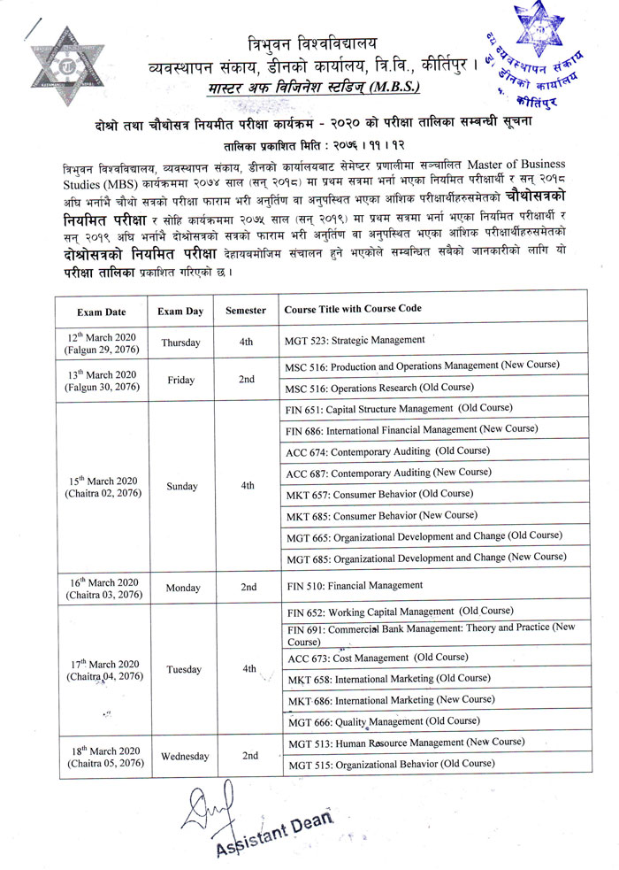 TU MBS Second Semester Examination Routine