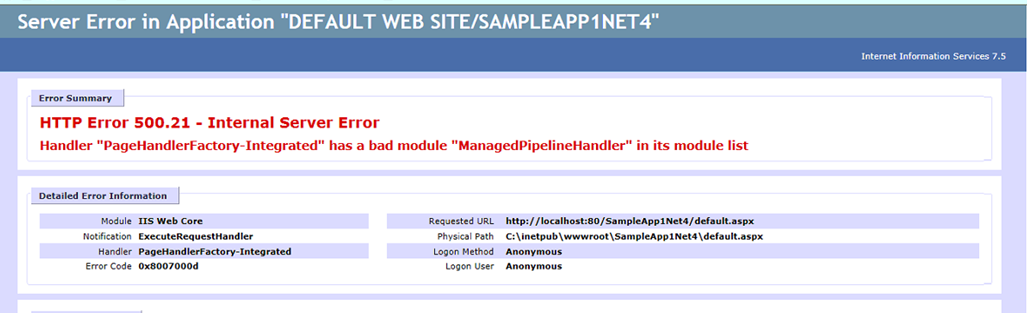 IIS 7.5 - HTTP Error 500.21 Internal Server Error PageHandlerFactory ...