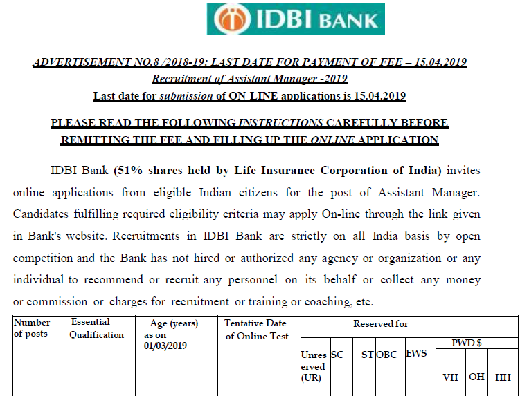 IDBI RECRUITMENT 2019 FOR 500 ASSISTANT MANAGER POSTS
