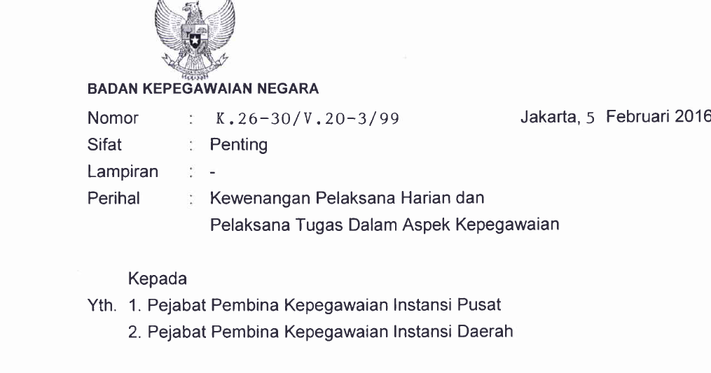 Penting!!! Ini surat Kepala Badan Kepegawaian Negara perihal Kewenangan Pelaksana Harian dan ...