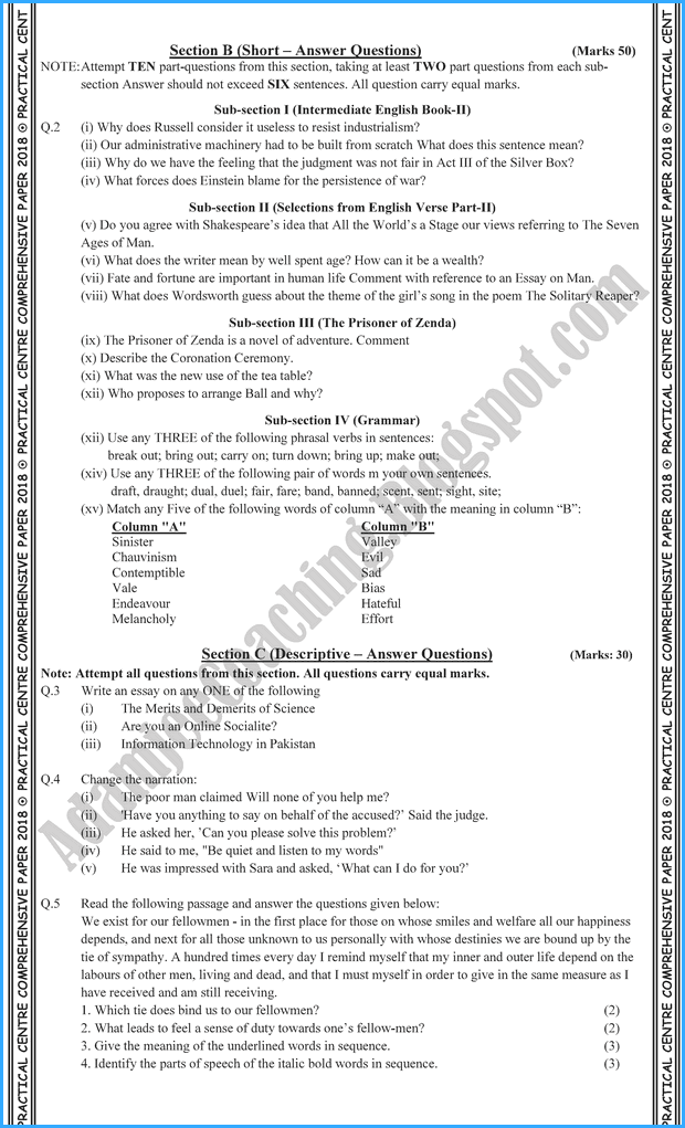 Adamjee Coaching: English 12th - Practical Centre Guess Paper 2018