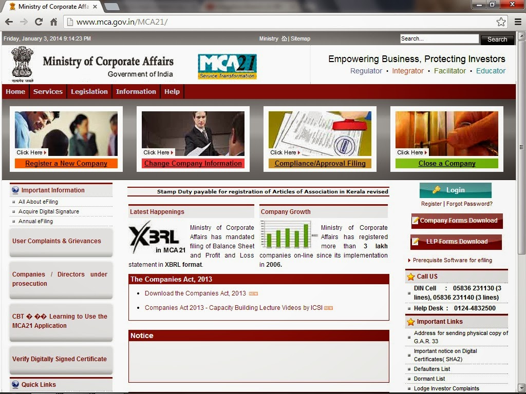 Practical Guide to Company Law: Overview of MCA website