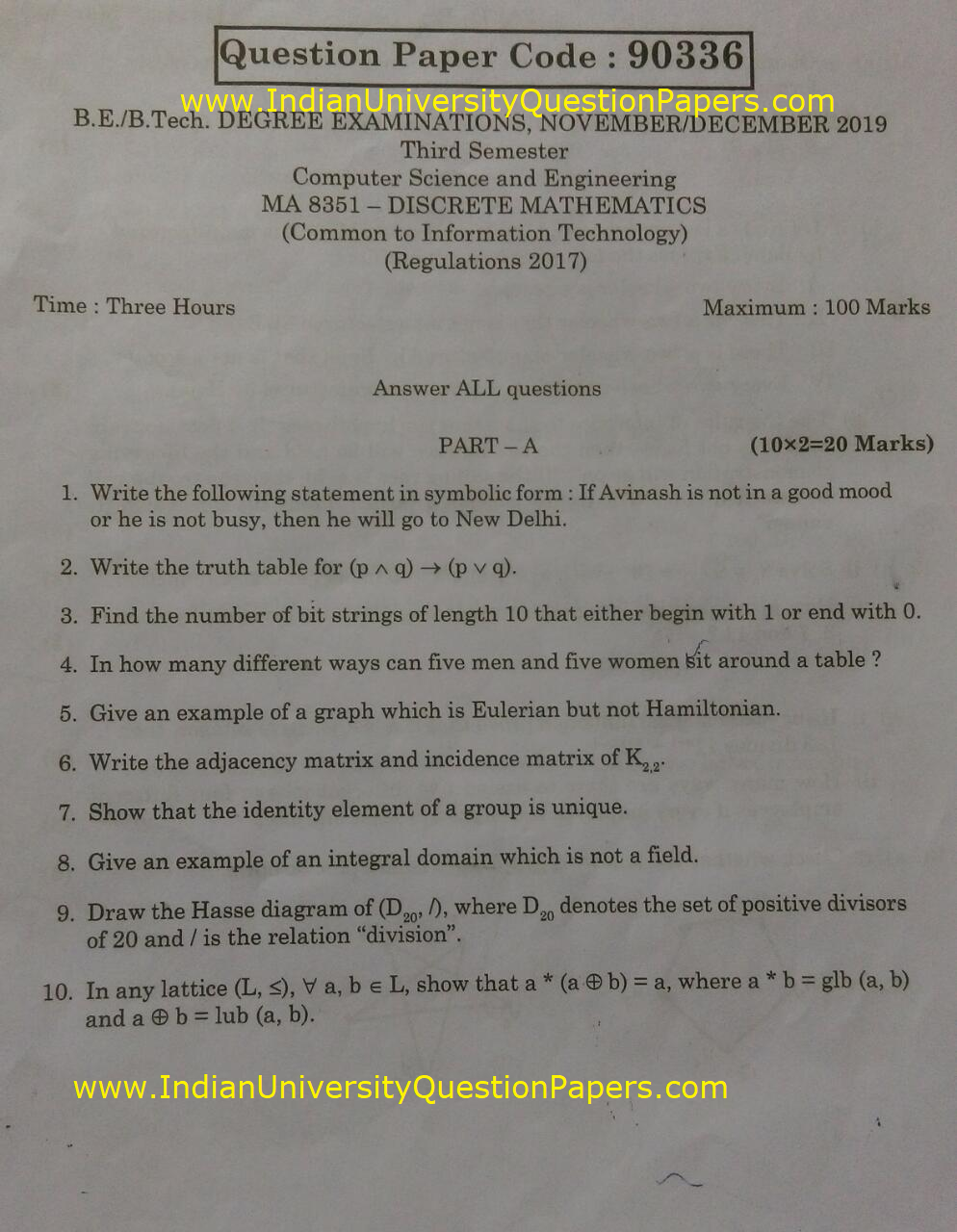 MA8351 Discrete Mathematics Nov Dec 2019 Question Paper - University ...