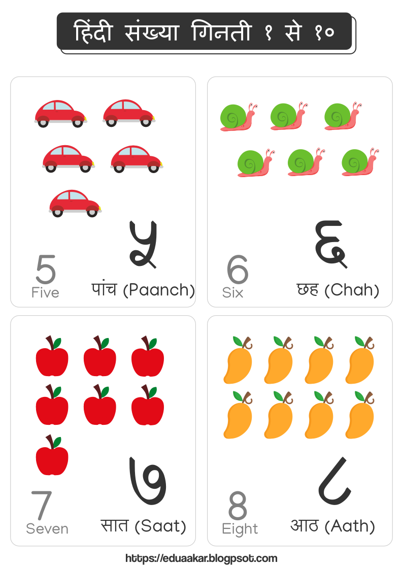 सीखे १ से १० तक की हिंदी गिनती। मुफ्त वर्कशीट्स
