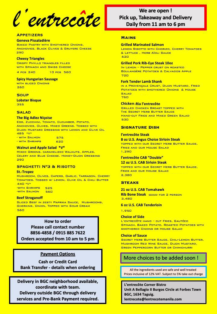 L’entrecote Opens for Take Out and Delivery