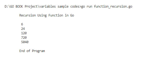 Free Programming Source Codes and Computer Programming Tutorials: Factorial Using Functions in Go