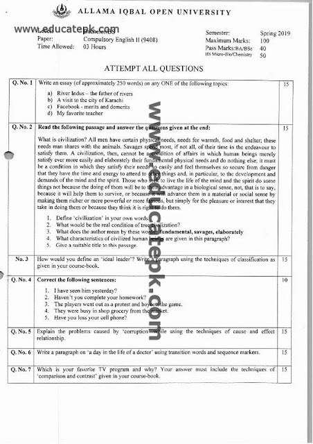 Aiou BS English Code 9408 Past Papers