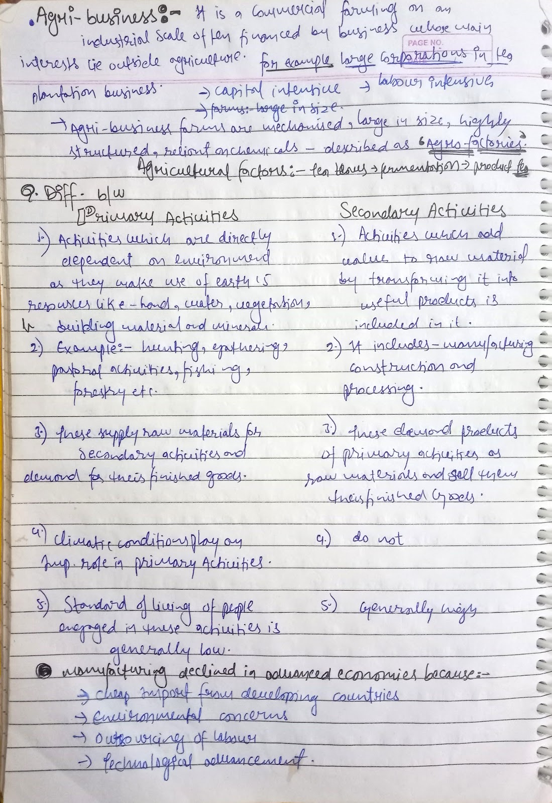 Handwritten notes of Secondary Activities - [geography] class 12th ...