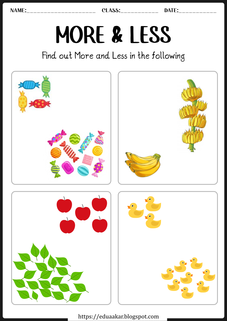 More and Less worksheets for Preschool and Kindergarten kids