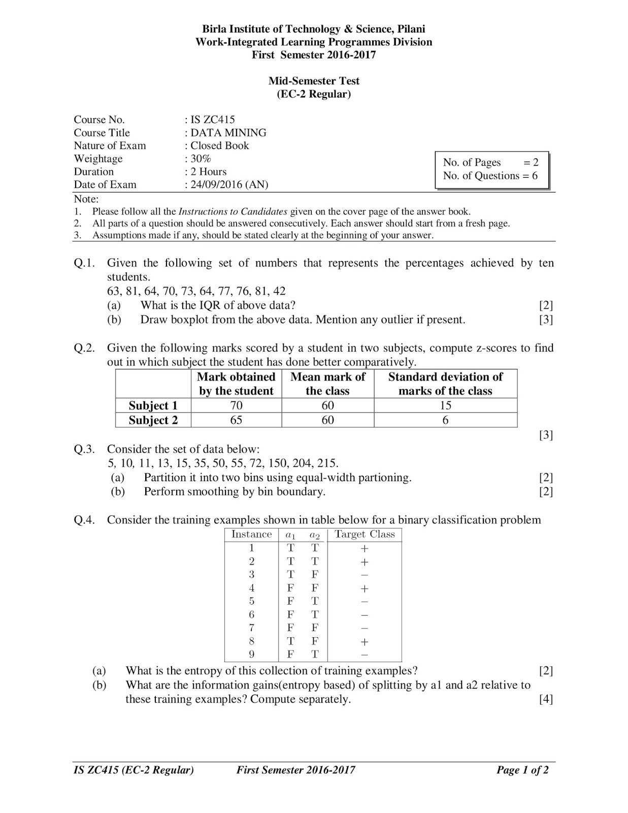 Coding Tech Life: Data Mining - ISZC415 - Mid-Semester Question Paper ... Coding Tech Life: Data Mining - ISZC415 - Mid-Semester Question Paper ...