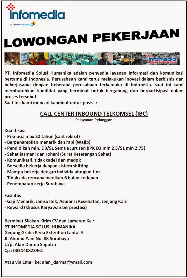Loker Call Center Inbound Telkomsel Penempatan Surabaya | Lowongan ...