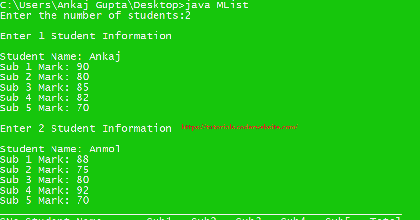 Java program for student mark list using class and object - java code ...