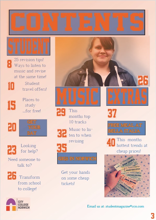 Foundation Portfolio in Media: Contents Page for my College Magazine