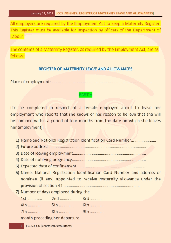 CCS & Co Plt : 如何像大家姐一样思考：20 - 产假和津贴登记册 【Register of Maternity Leave ...