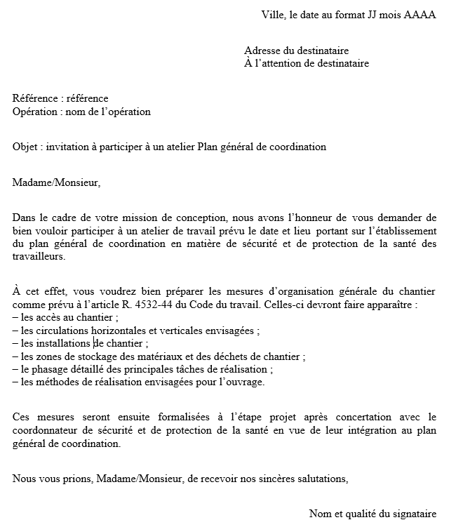 Invitation à participer à un atelier Plan général de coordination
