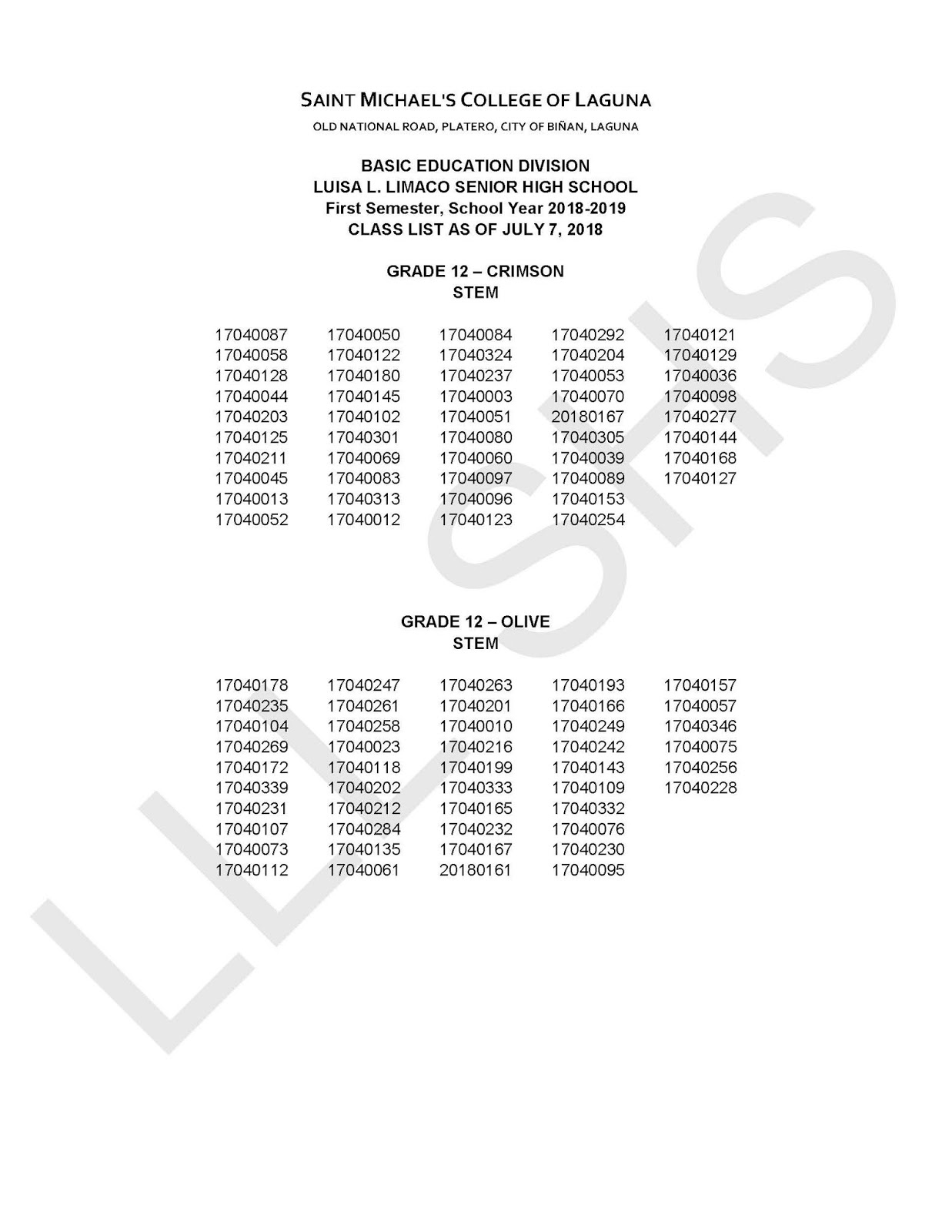 ORSEM 2018 - GRADE 12 CLASS LISTS