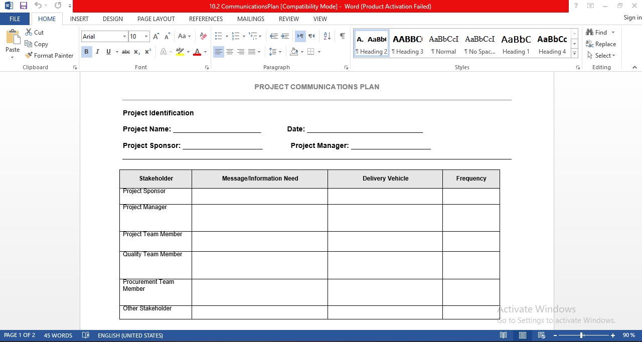 Project management communications plan template