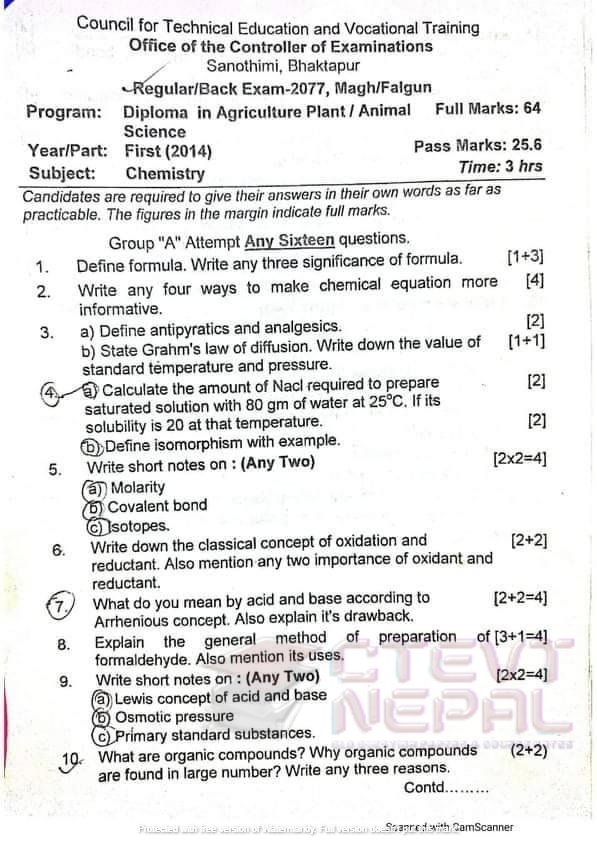 AG Chemistry - 1st Year Question Papers CTEVT | Diploma in Agriculture ...