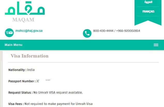 CHECK UMRAH VISA STATUS AND APPLICABLE FEE