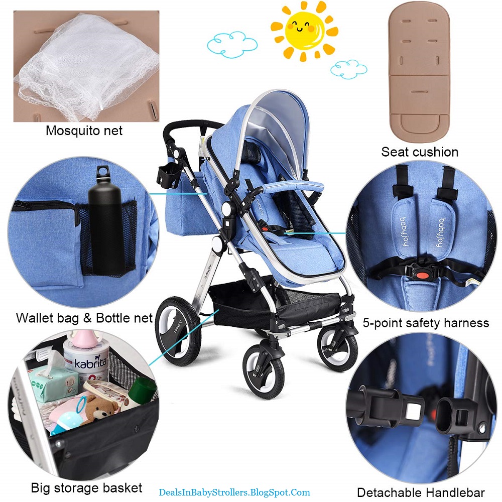 BABY JOY CONVERTIBLE BASSINET BABY STROLLER 2-IN-1 RECLINING STROLLER BLUE