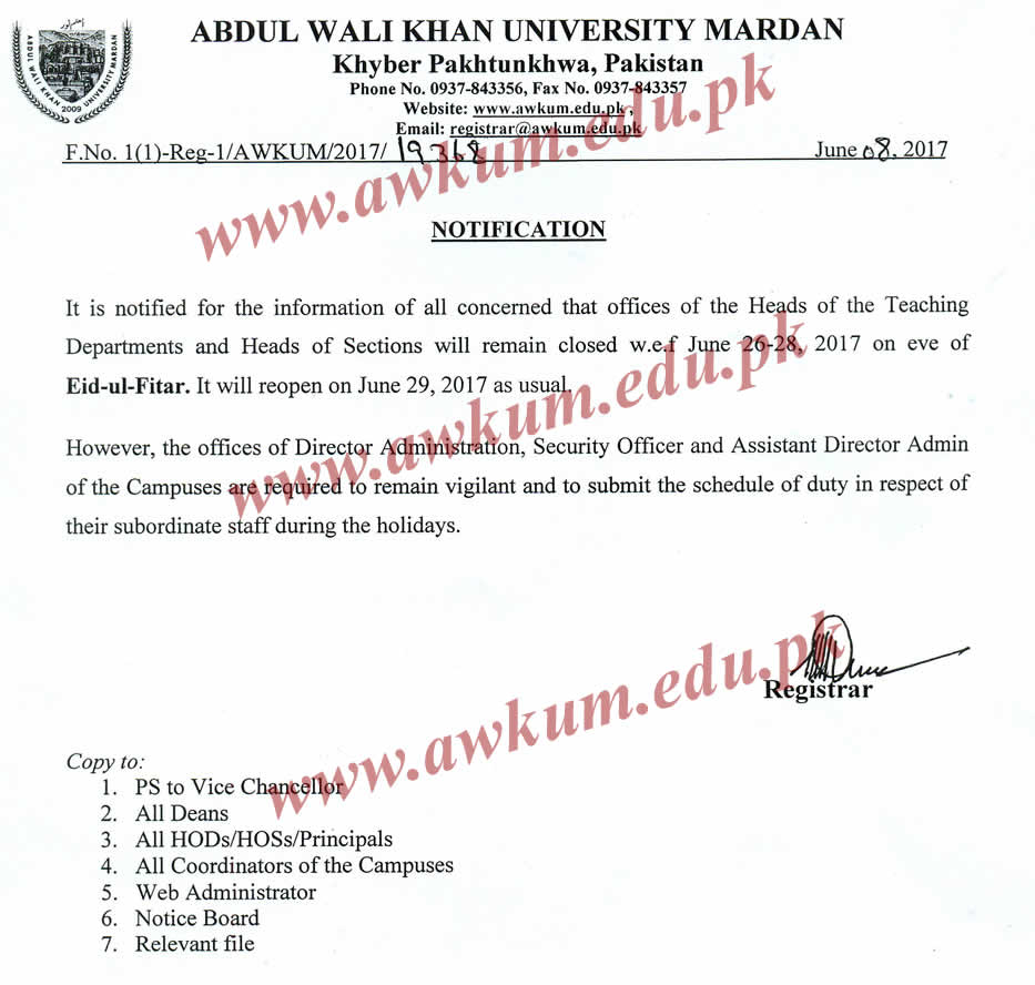 Abdul Wali Khan University Mardan: Notifications From Office of The ...