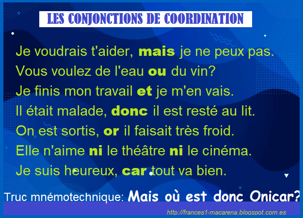Frances de 1º de Bachillerato (A2): Les conjonctions de coordination