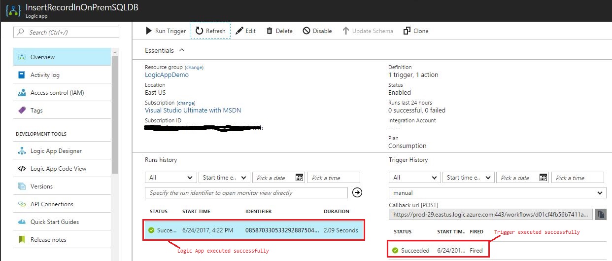 Inserting data in On Premises SQL Database using Logic Apps