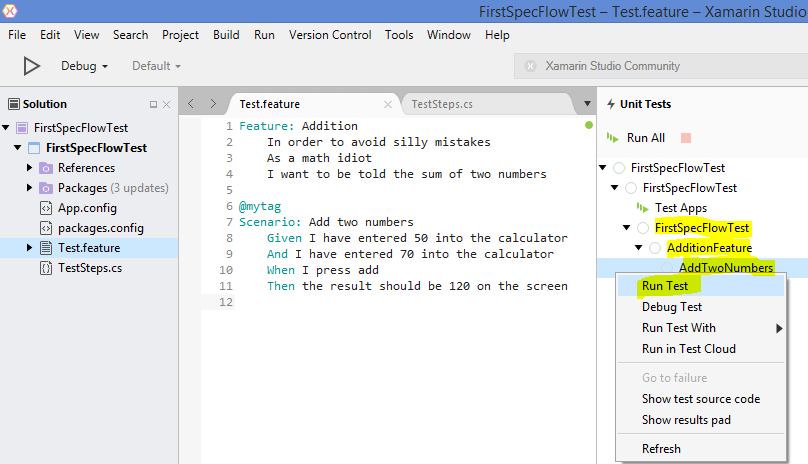 C# Xamarin Studio - SpecFlow configuration, creating sample feature ...